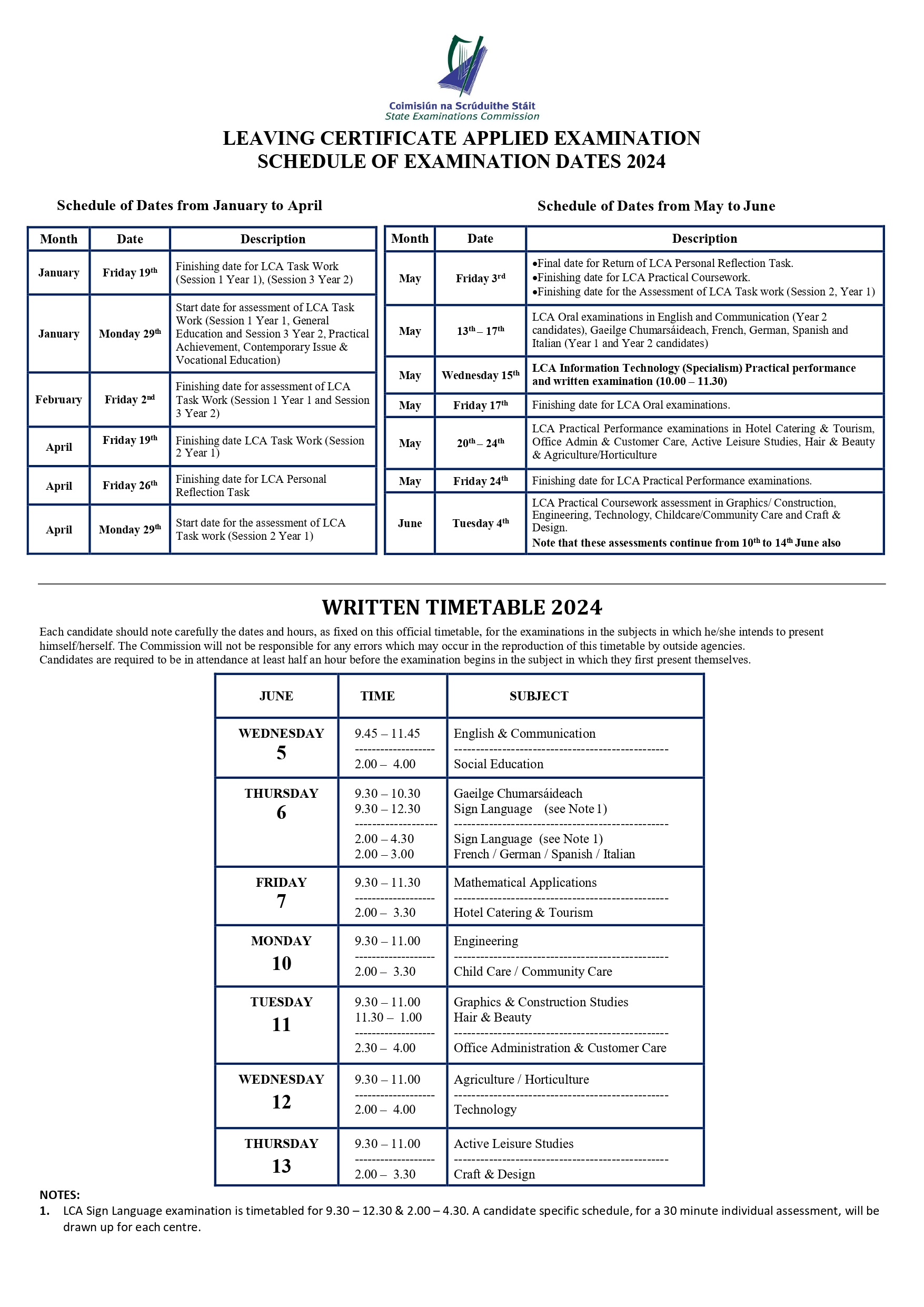 Leaving Cert Timetable 2024 - Breakthrough Maths
