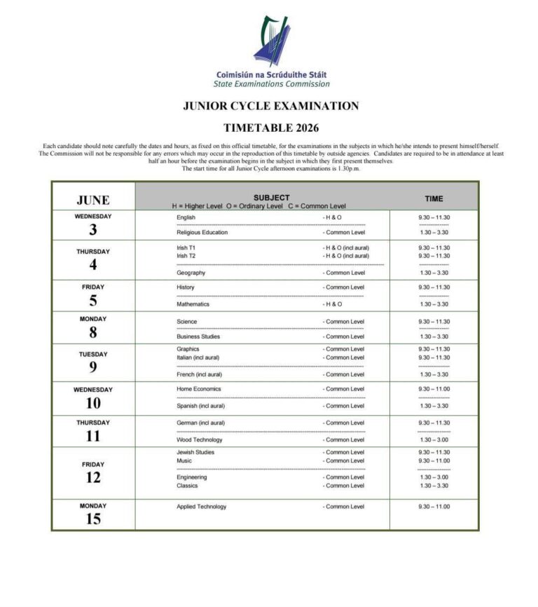 Junior Cert Exam Timetable 2026