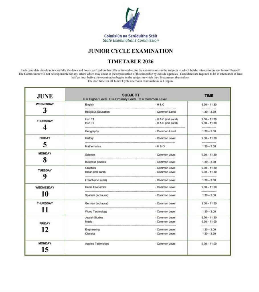 Junior Cert Exam Timetable 2026